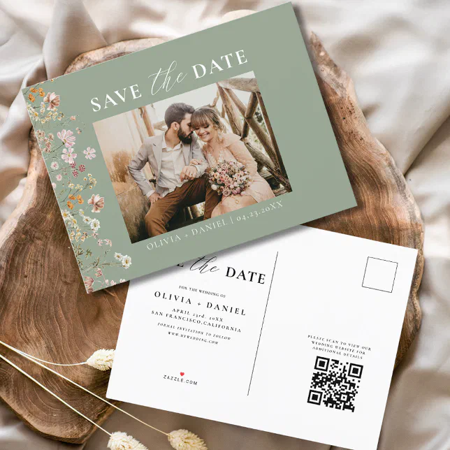 Sage Green QR Code Wildflower Floral Wedding Announcement Postcard | Zazzle