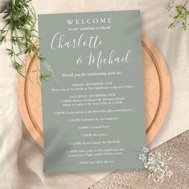 Sage Green Script Guest Wedding Weekend Program | Zazzle