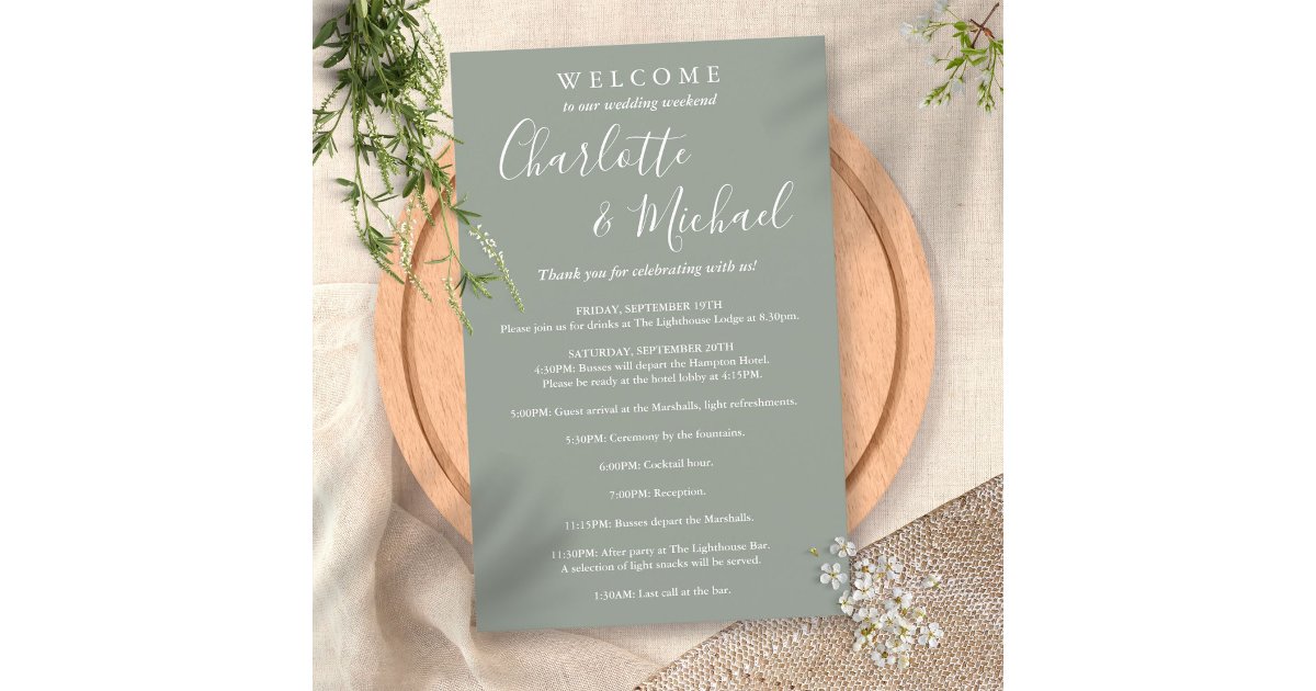 Sage Green Script Guest Wedding Weekend Program | Zazzle