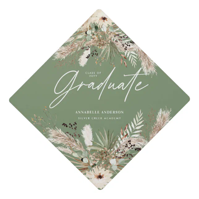 Sage green script pampas eucalyptus elegant decor graduation cap topper ...