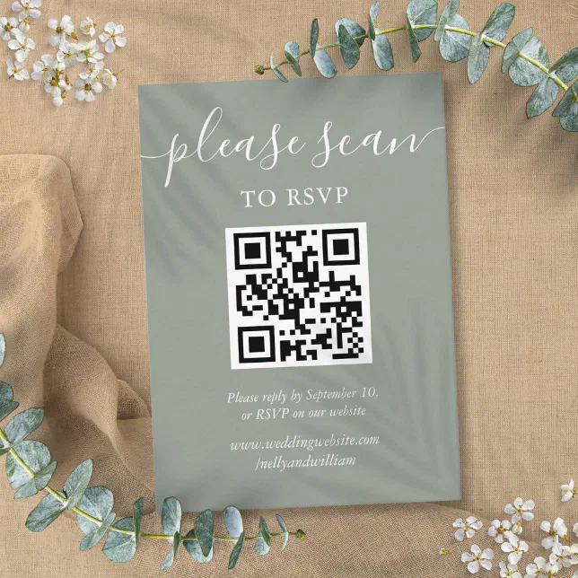 Sage Green Script Wedding RSVP QR Code Enclosure Card | Zazzle