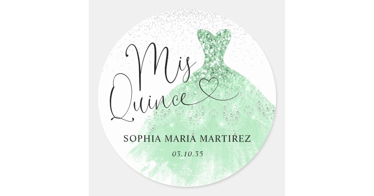 Sage Green Silver Dress Mis Quince Quinceañera Classic Round Sticker ...