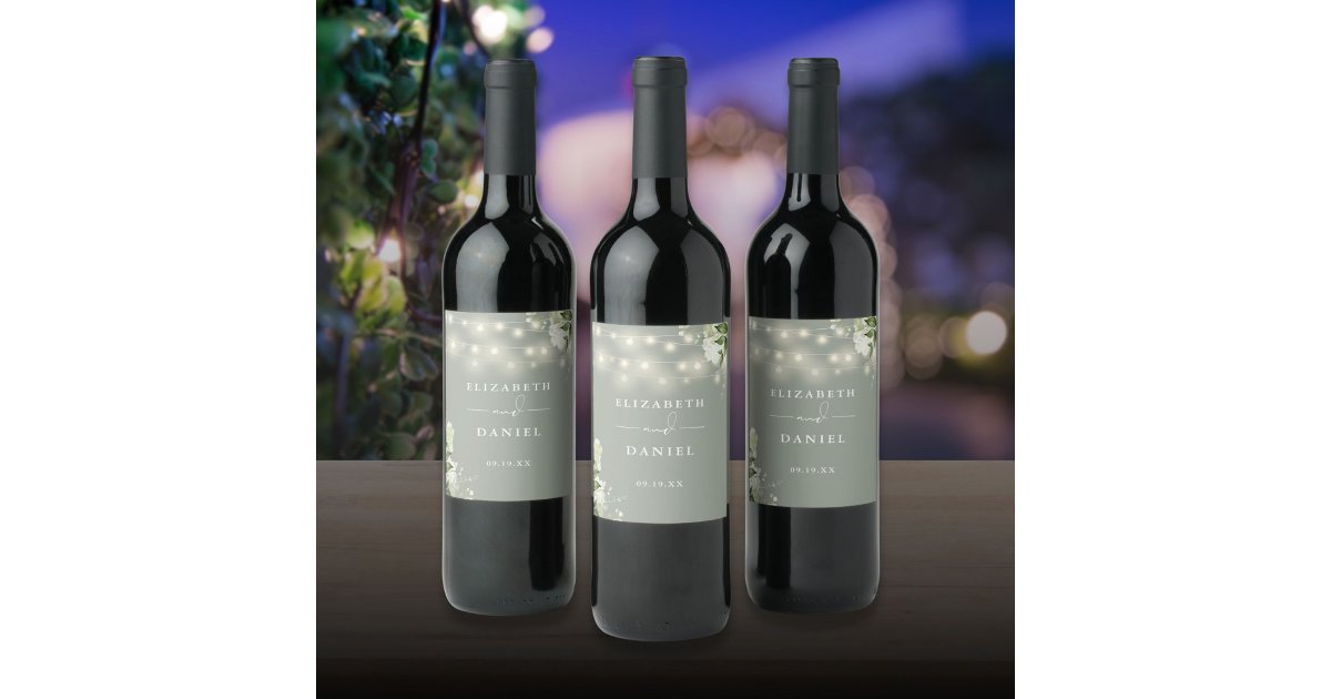 Sage Green String Lights Floral Greenery Wedding Wine Label | Zazzle