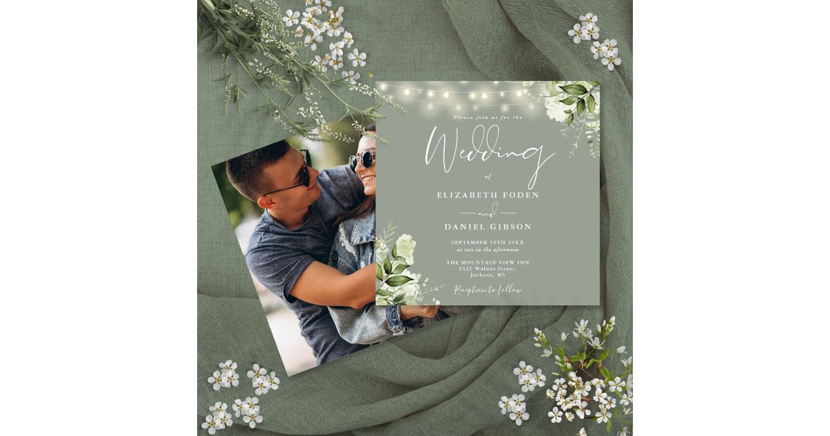 Sage Green String Lights Floral Photo Wedding Invitation | Zazzle