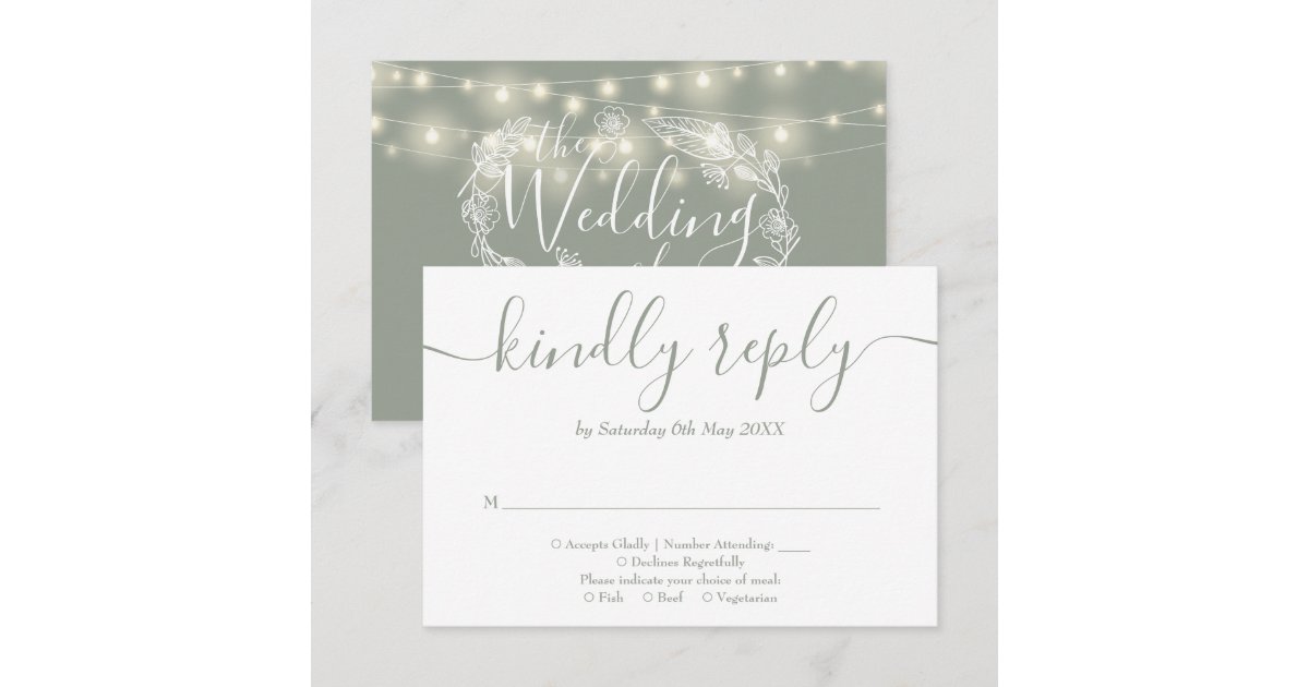 Sage Green String Lights Floral Wedding RSVP Card | Zazzle