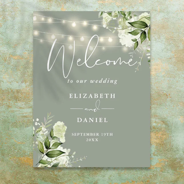 Sage Green String Lights Floral Wedding Welcome Poster | Zazzle