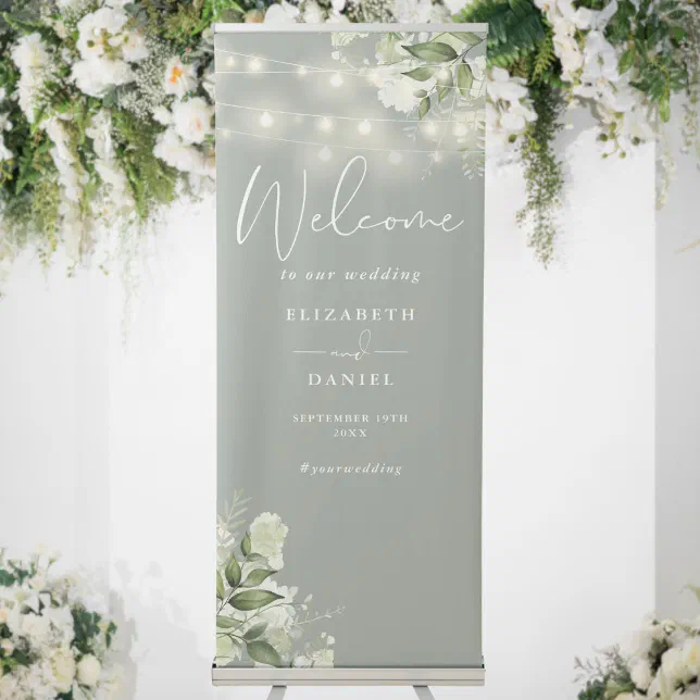Sage Green String Lights Floral Wedding Welcome Retractable Banner | Zazzle