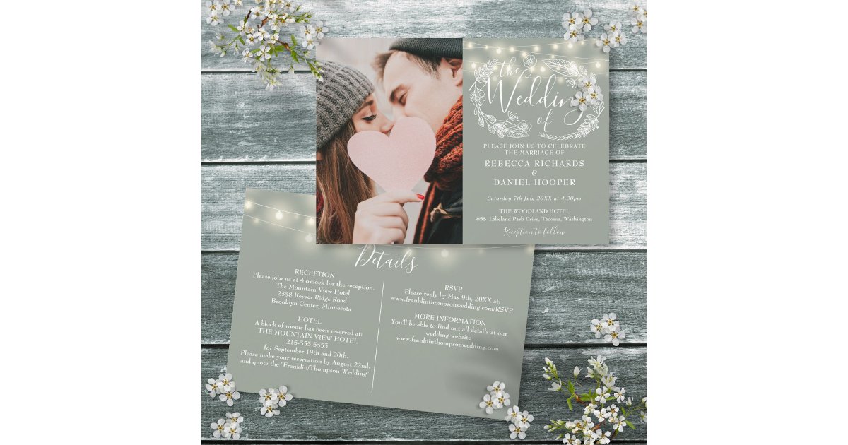 Sage Green String Lights Photo All In One Wedding Invitation | Zazzle