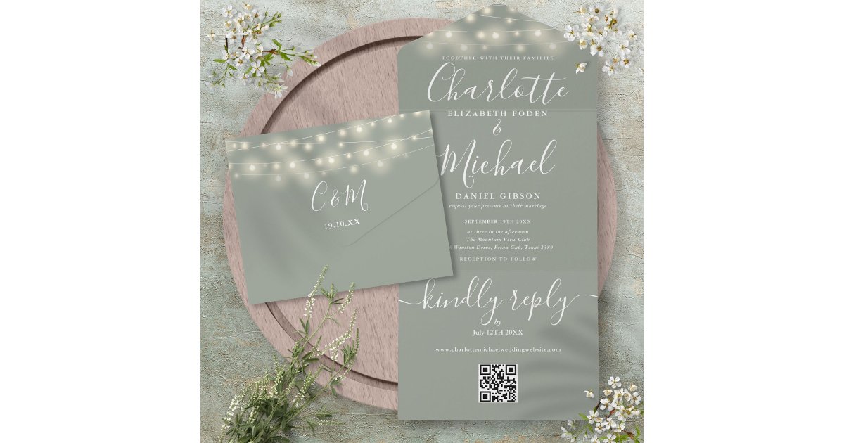 Sage Green String Lights QR Code Monogram Wedding All In One Invitation ...