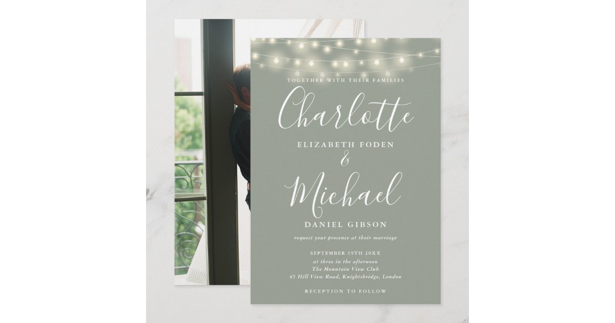 Sage Green String Lights Script Photo Wedding Invitation | Zazzle