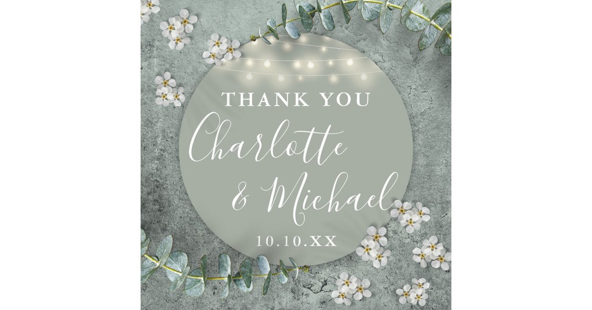 Sage Green String Lights Wedding Favor Thank You Classic Round Sticker ...