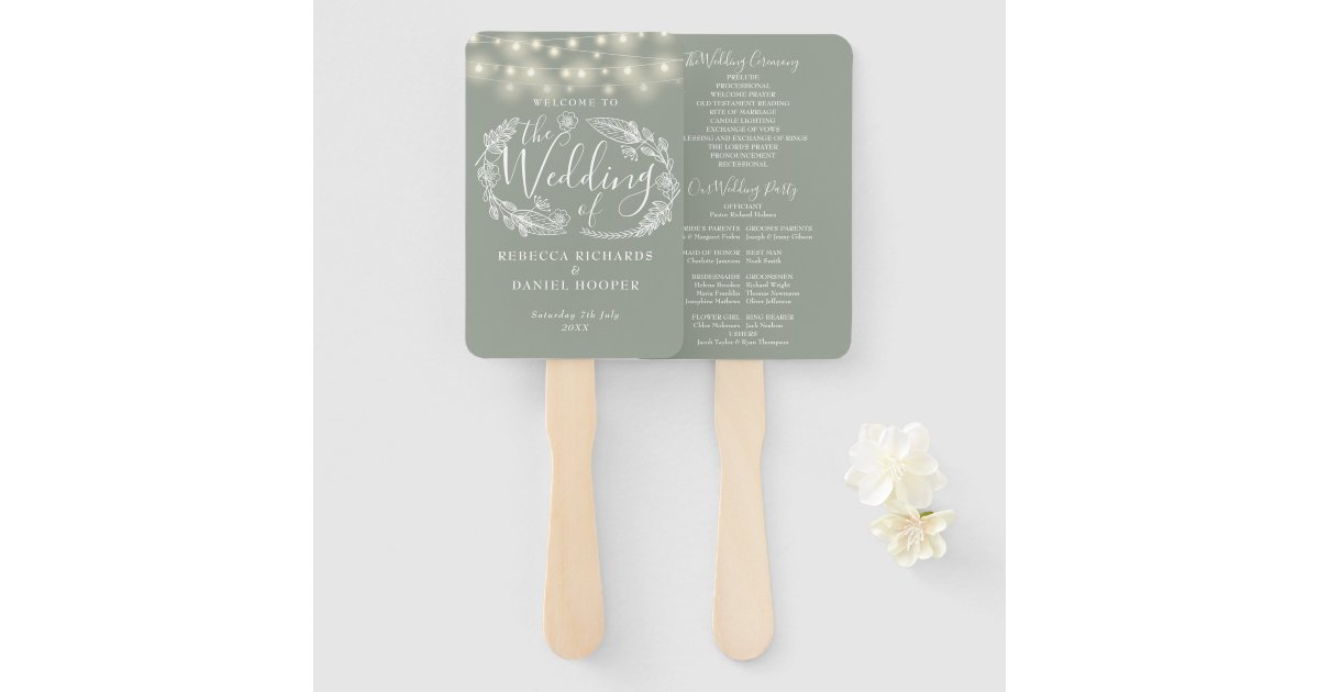 Sage Green String Lights Wedding Program Hand Fan | Zazzle