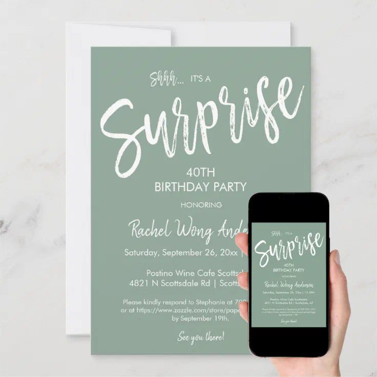Sage Green Surprise Birthday Retirement Party Invitation | Zazzle