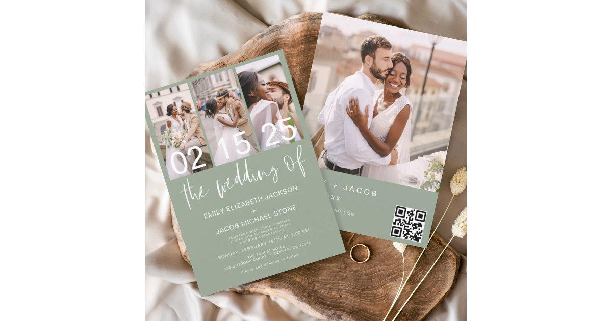 Sage Green The Wedding of Photo QR code Minimalist Invitation | Zazzle