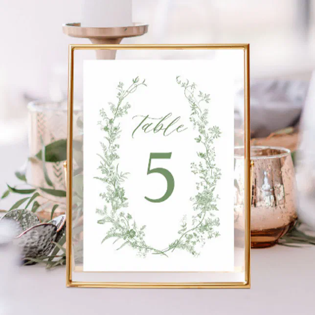 Sage Green Toile Classic Floral Wedding Table Number | Zazzle