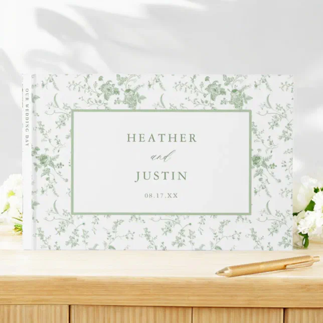 Sage Green Toile Floral Classic Wedding Guest Book | Zazzle