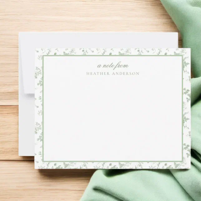 Sage Green Toile Floral Personalized Stationery Note Card | Zazzle