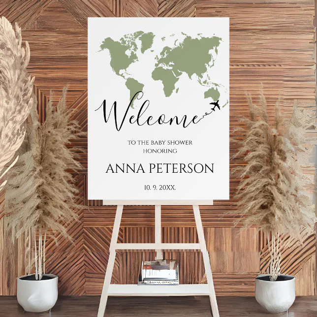 Sage Green Travel Themed Baby Shower Welcome Sign | Zazzle