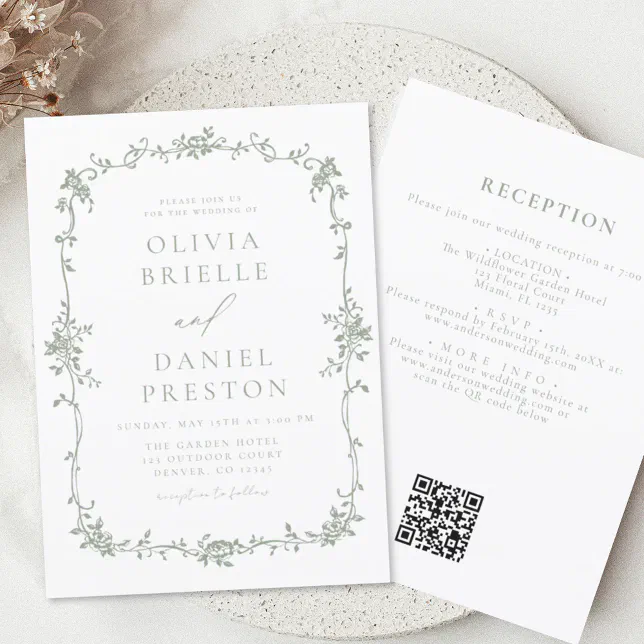 Sage Green Victorian French QR Code Wedding Invitation | Zazzle