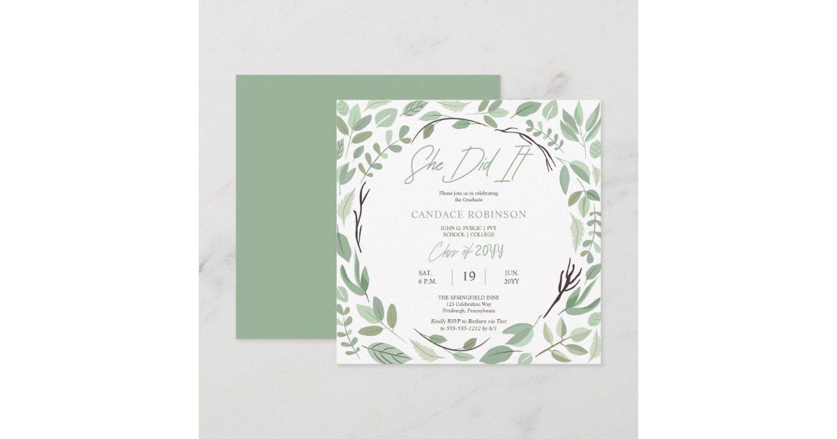 Sage Green Watercolor Leaf Frame Graduation Party Invitation | Zazzle