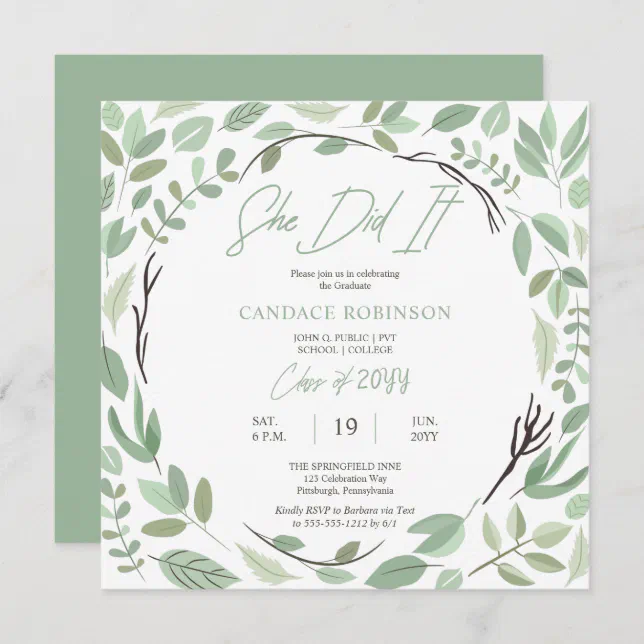 Sage Green Watercolor Leaf Frame Graduation Party Invitation | Zazzle