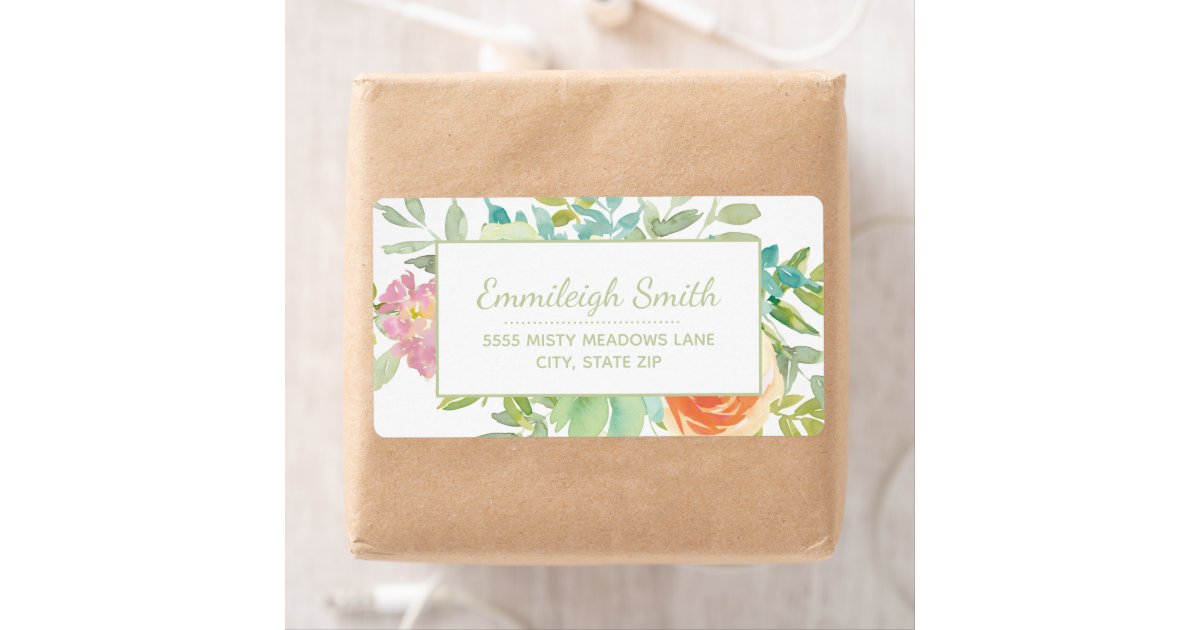 Sage Green Watercolor Leaves Pink Orange Floral Label | Zazzle