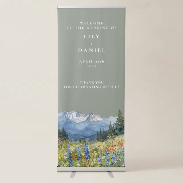 Sage Green Watercolor Mountain Wedding Welcome Retractable Banner | Zazzle