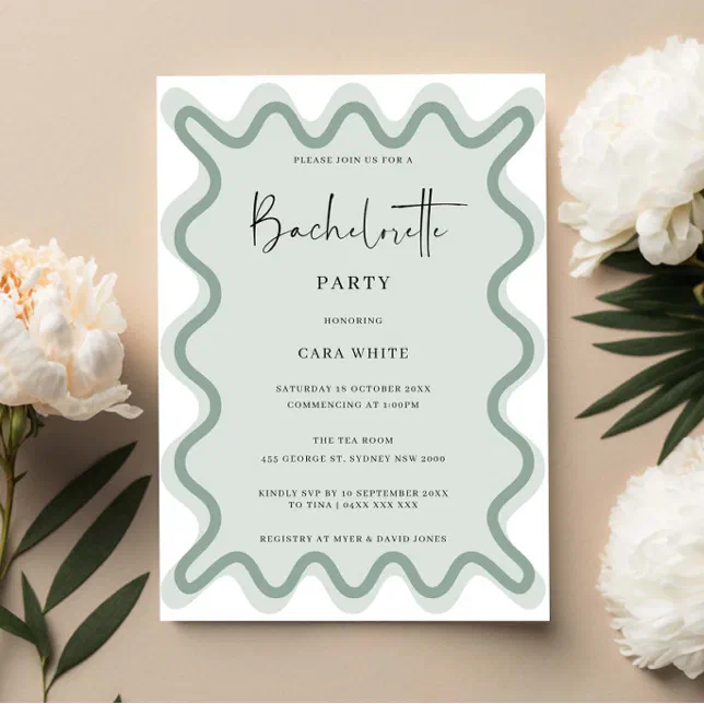 Sage Green Wavy Border Bachelorette Party Invitation | Zazzle