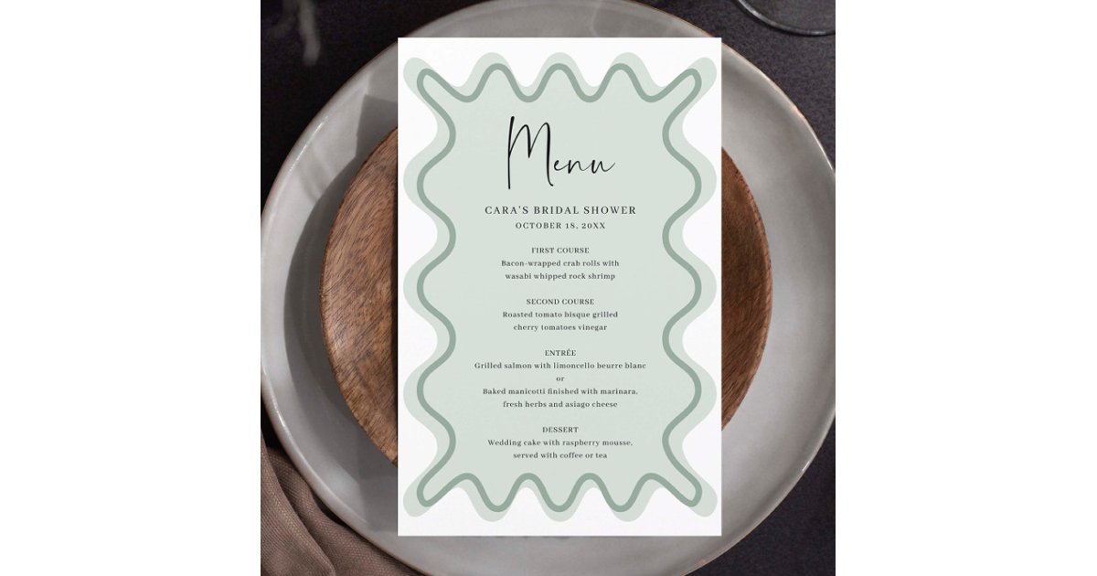 Sage Green Wavy Border menu card | Zazzle