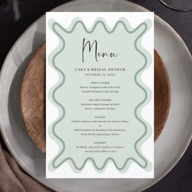 Sage Green Wavy Border menu card | Zazzle