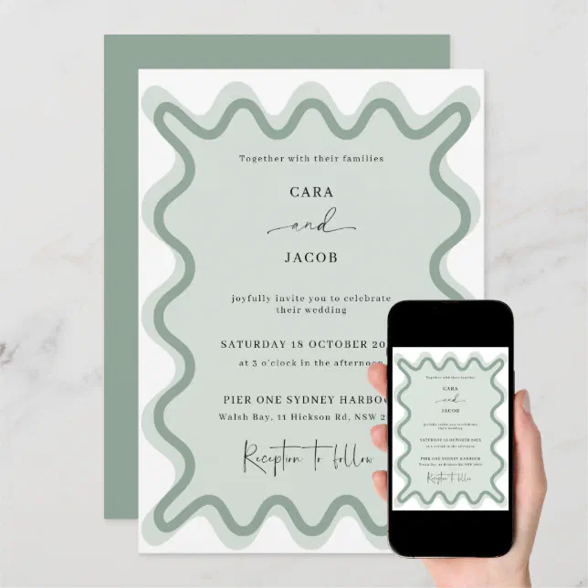 Sage Green Wavy Border Wedding Invitation | Zazzle