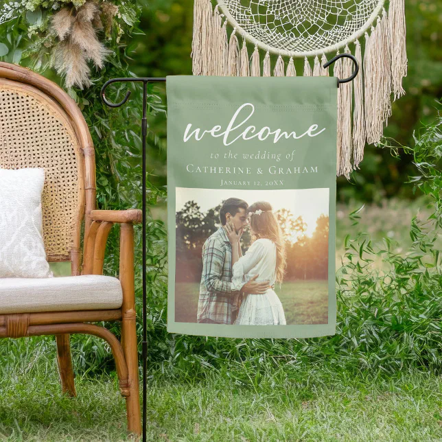 Sage Green Wedding Couple Photo Welcome Garden Flag | Zazzle