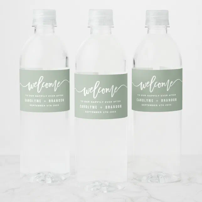 Sage Green Welcome Lettering Custom Wedding Water Bottle Label | Zazzle