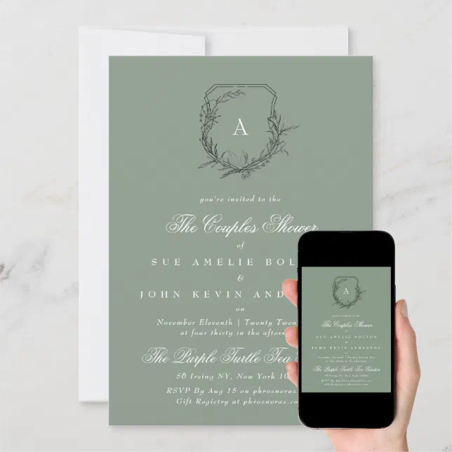 Sage Green White fig floral monogram couples Invitation | Zazzle