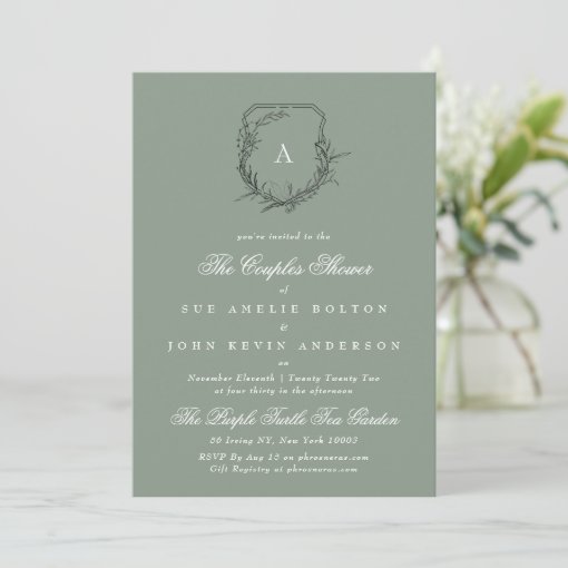 Sage Green White fig floral monogram couples Invitation | Zazzle