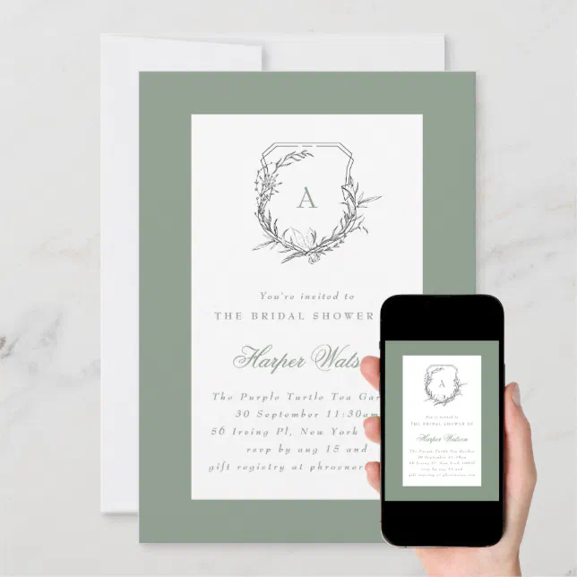 Sage Green White floral border monogram crest Invitation | Zazzle