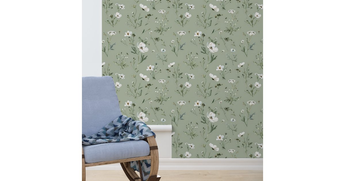 Sage green White Flower Floral Wallpaper | Zazzle