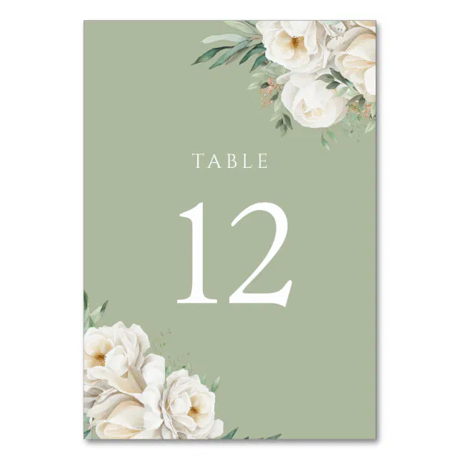 Sage Green & White Flower Wedding Reception Table Number | Zazzle
