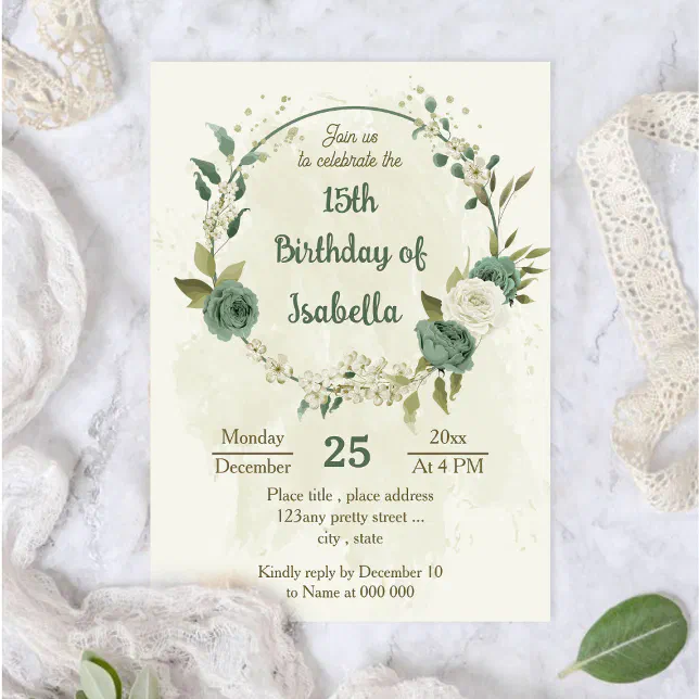 sage green white flowers botanical birthday invitation | Zazzle