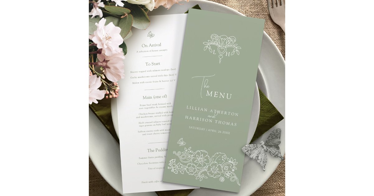 Sage green white monogram fleur de lis wedding menu | Zazzle