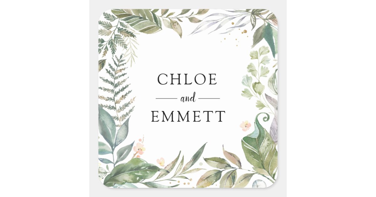 Sage Green White Pink Botanical Wedding Square Sticker | Zazzle