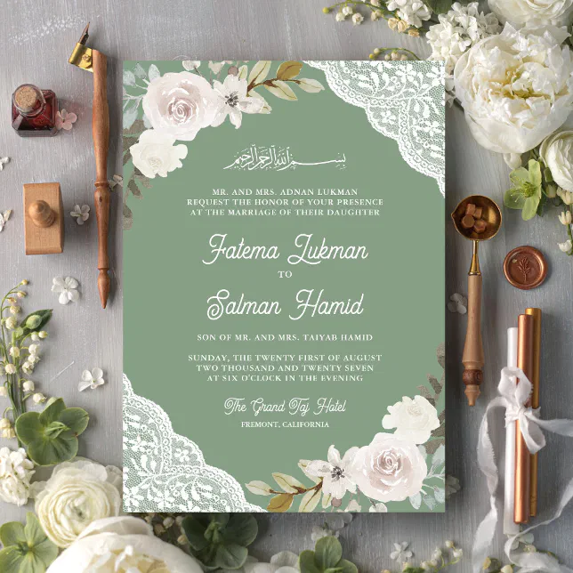 Sage Green White Roses Lace Islamic Muslim Wedding Invitation | Zazzle