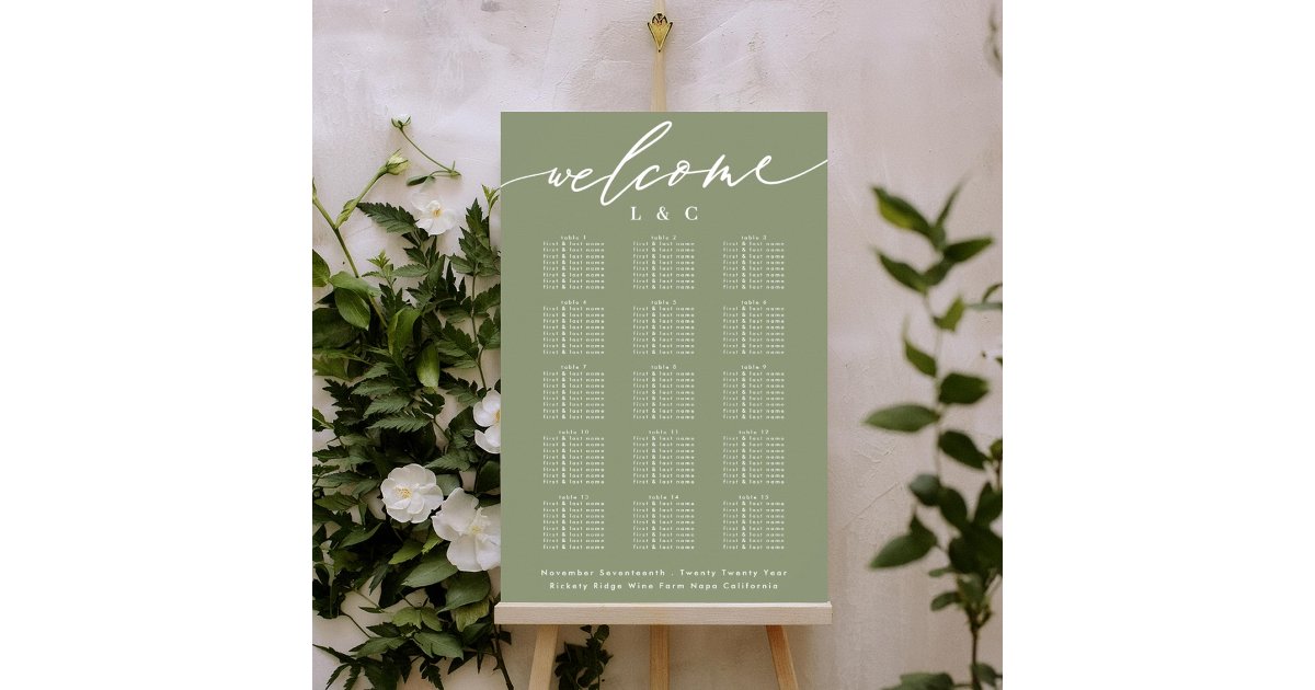 Sage Green White Wedding Welcome Seating Chart | Zazzle