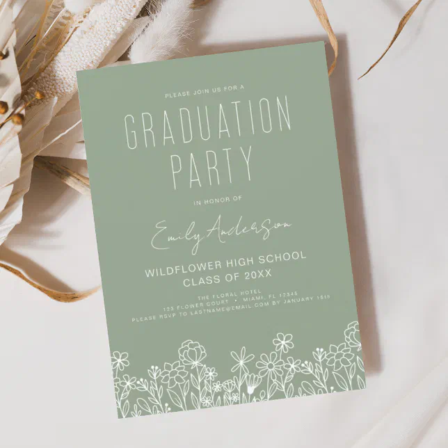 Sage Green Wildflower Bloom Graduation Party Boho Invitation | Zazzle