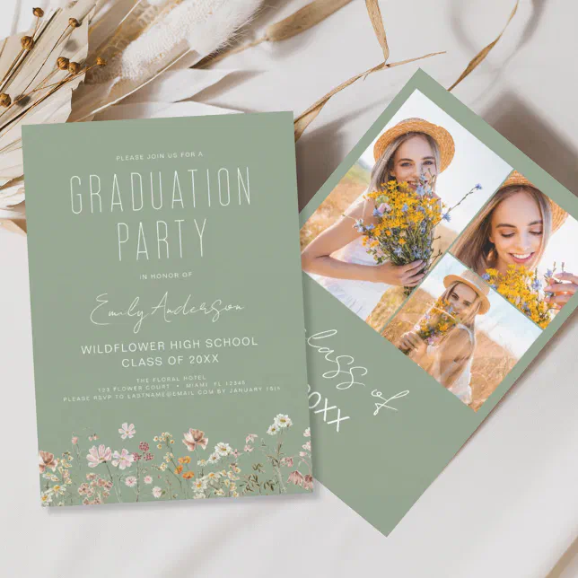 Sage Green Wildflower Bloom Graduation Party Photo Invitation | Zazzle