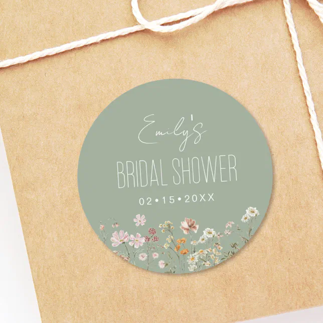 Sage Green Wildflower Boho Bridal Shower Garden Classic Round Sticker ...