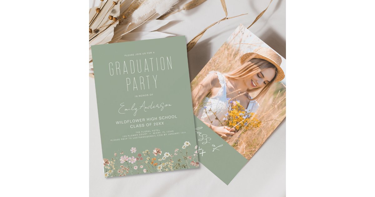 Sage Green Wildflower Graduation Party Boho Bloom Invitation | Zazzle