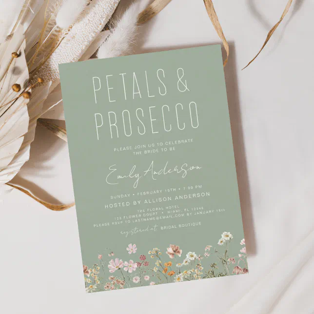 Sage Green Wildflower Petals & Prosecco Invitation Flyer | Zazzle