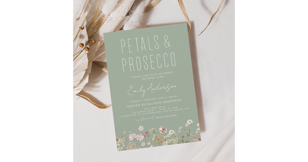 Sage Green Wildflower Petals & Prosecco Invitation Flyer | Zazzle