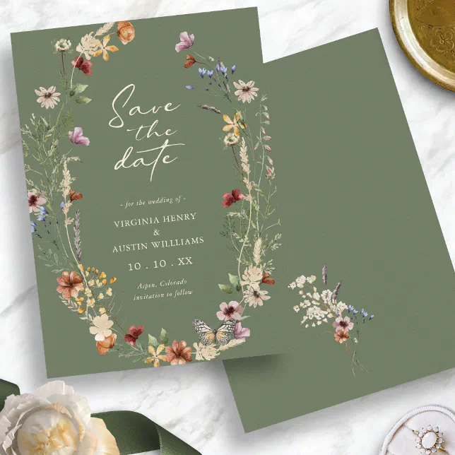 Sage Green Wildflower Save The Date Flat Card | Zazzle